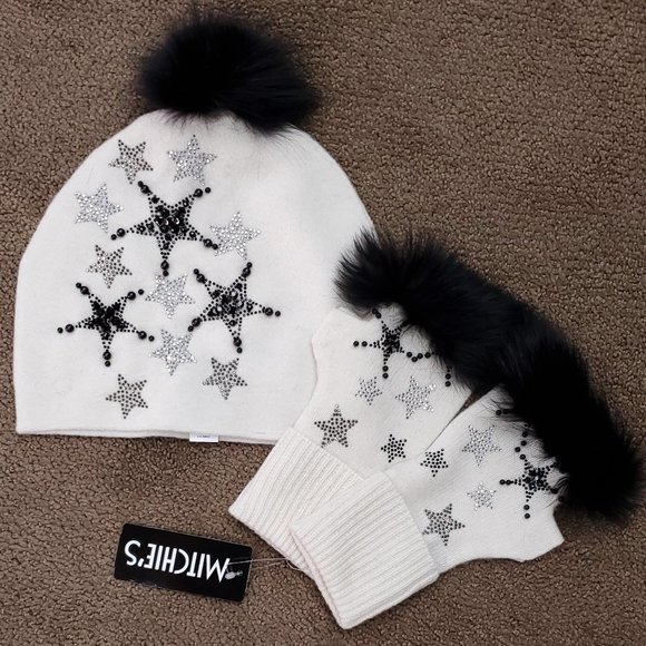 Mitchie's | Accessories | White Knit Hat And Fingerless Gloves Set With ...